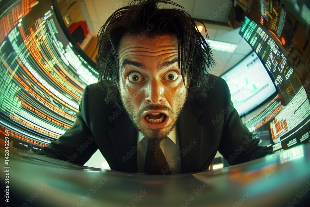 Photo Stock Gamer excited at computer. Diagram are projected onto his ...