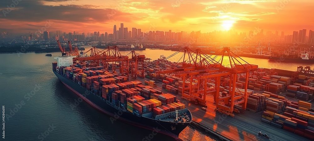 Container ports at sunset, with fully loaded cargo ships and cranes ...