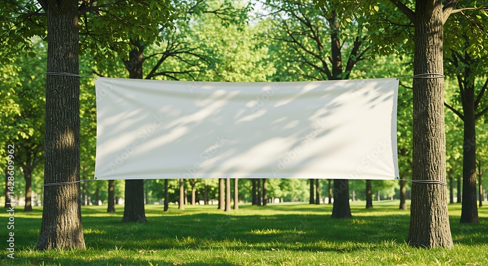 Canvas banner stretched between two trees in a park, green nature ...