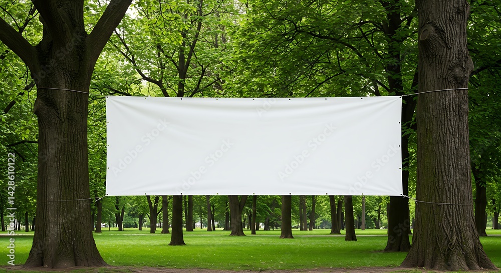 Canvas banner stretched between two trees in a park, green nature ...