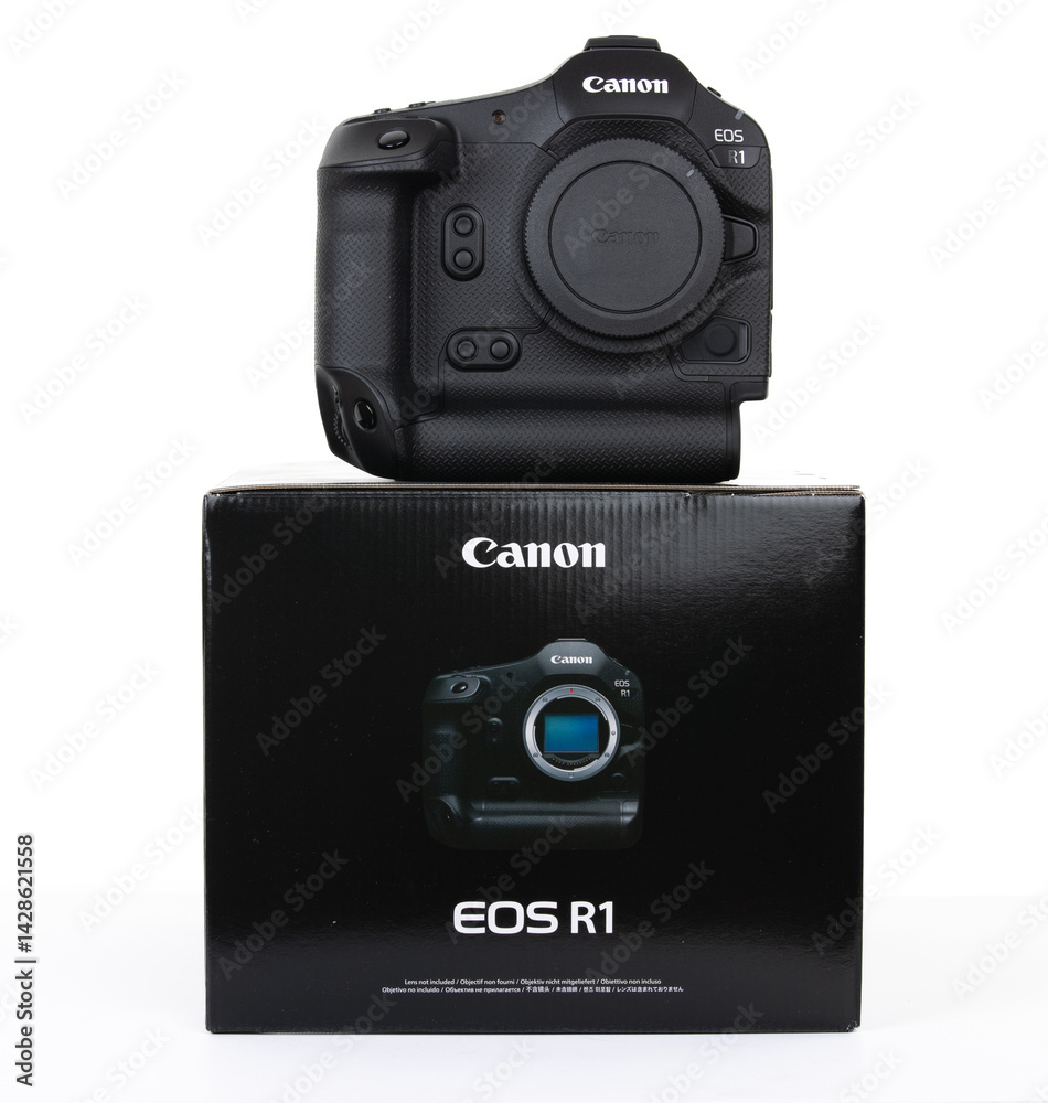 Charlotte, NC, April 17, 2025. The front of the Canon EOS R1 Camera body and box on white. Canon ...