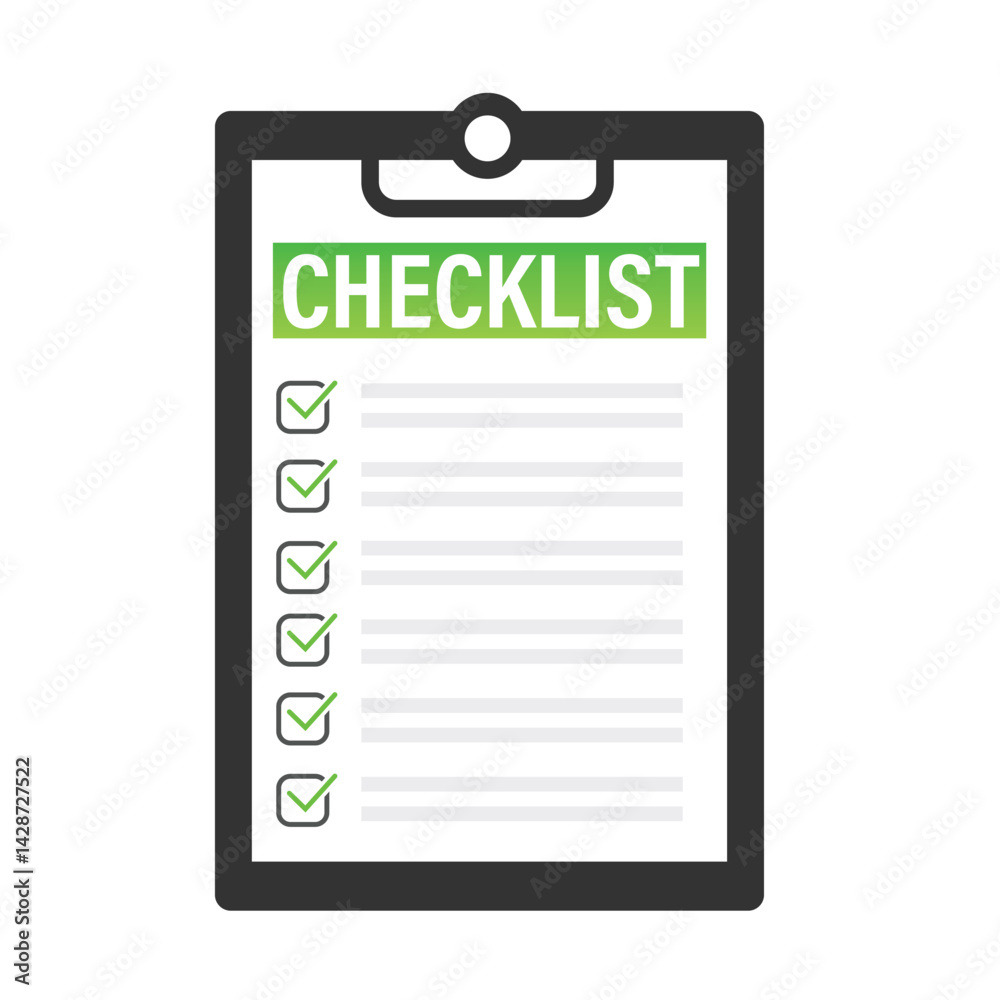 Checklist clipboard with green check marks and bold header, flat vector illustration for task ...