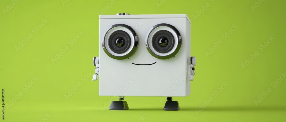 Cute white boxy robot with speaker eyes and a simple smile on a vibrant ...