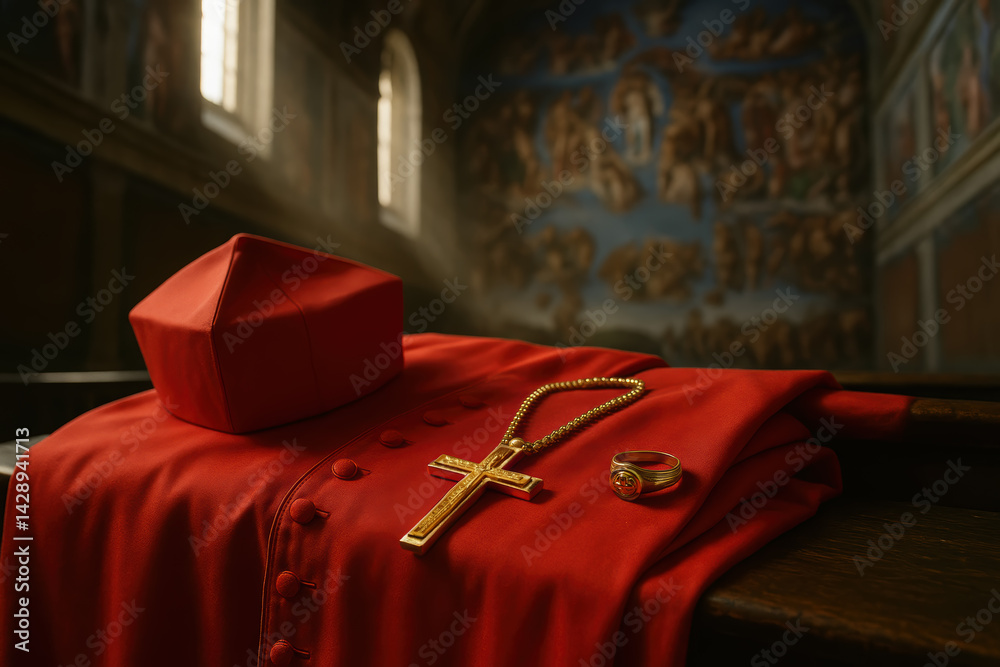 Foto de Stock Red cassock, biretta, gold cross, and cardinal ring ...