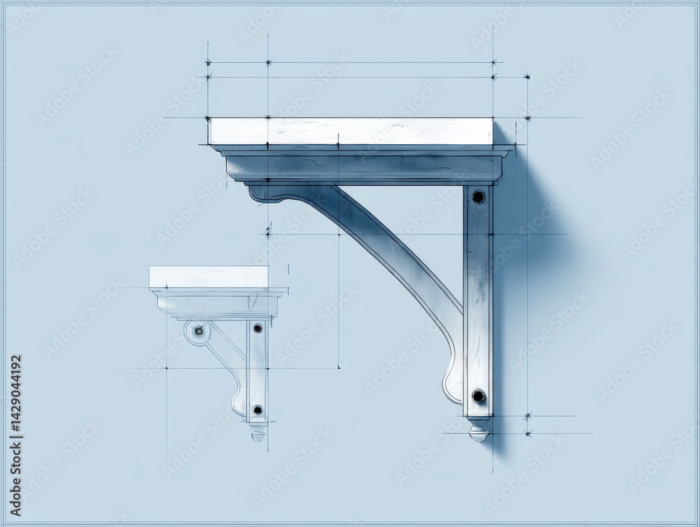 Minimalist blueprint of cornice brackets showcasing detailed design and ...
