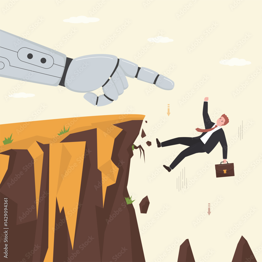 Giant robotic arm kick off unhappy businessman from cliff down ...