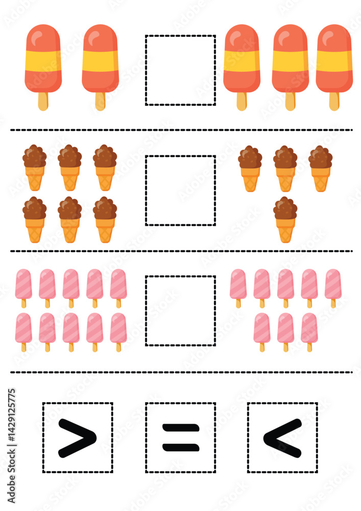 Vektor Comparing Numbers with Ice Cream Math Worksheet for Kids ...