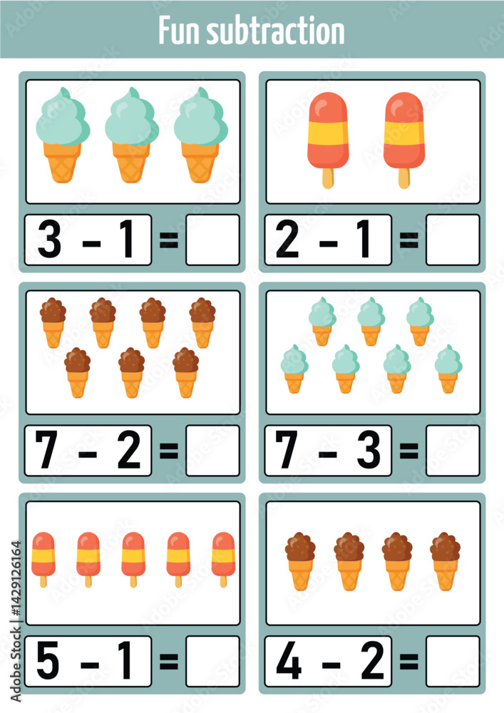 Fun subtraction practice for kids Learning math with cute ice cream ...