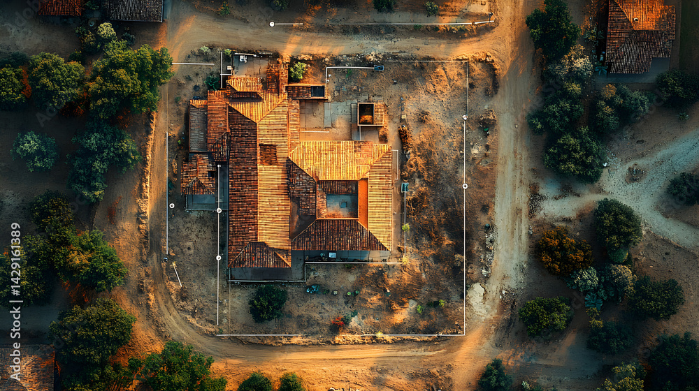 Top-down view of land plots marked with lines and pins, showing digital ...