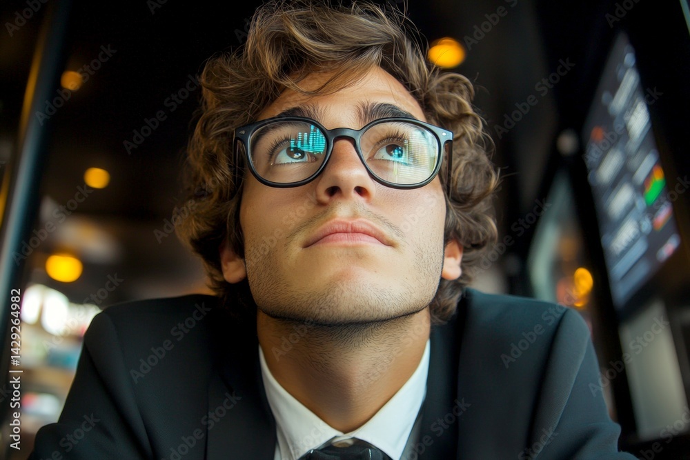 Nerd brazilian young man in a corporate wear, data visualization ...