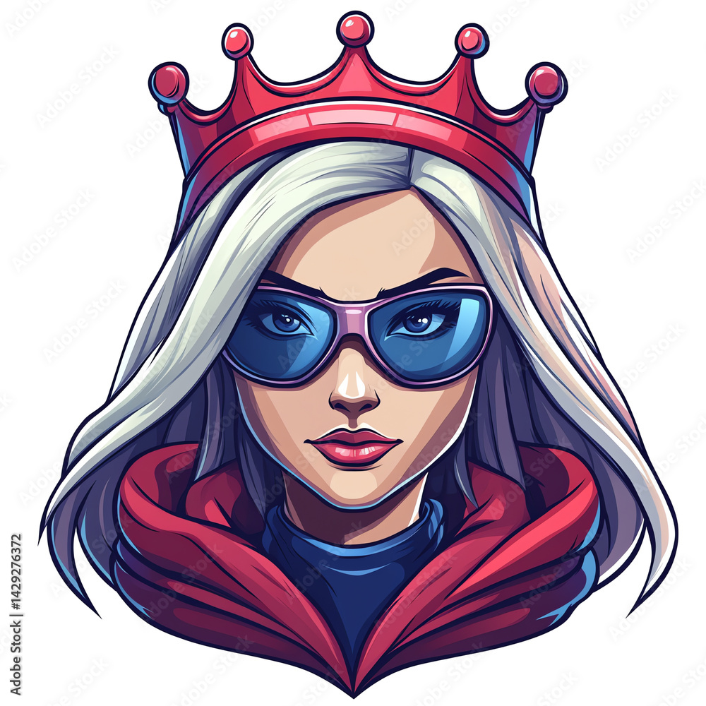 Stylish queen with silver hair and red crown on transparent background ...