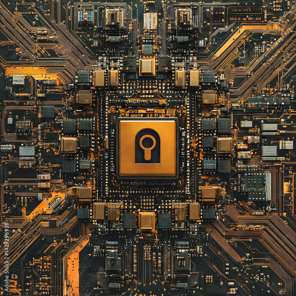 A detailed digital lock icon integrated seamlessly into a complex ...