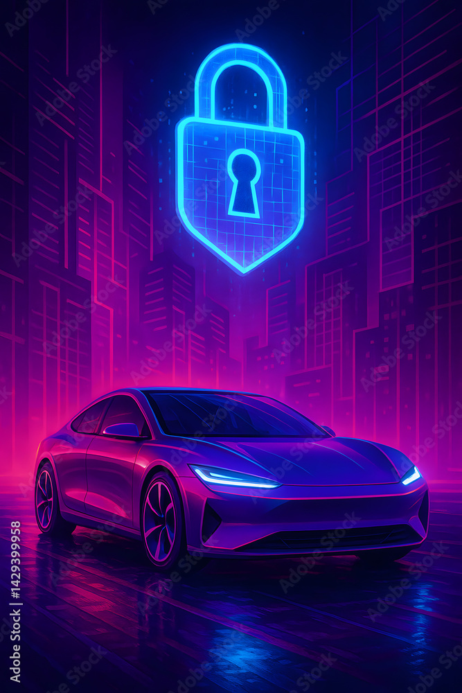 Digital security for futuristic electric vehicles with glowing lock ...