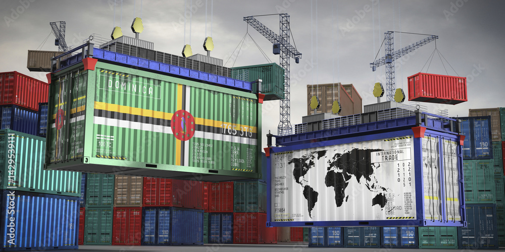 Flags of Dominica and world map on cargo containers - international ...