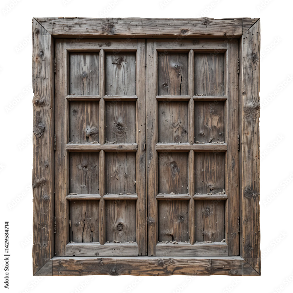 Vintage wooden window with closed shutters aged texture and rustic frame front view isolated on ...