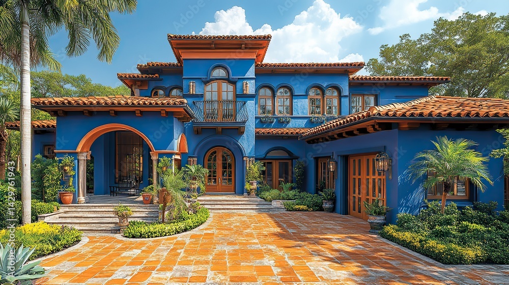 Cerulean paint brightens the facade of a coastal home Stock ...