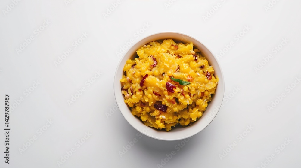 Top down view of Indian moong dal halwa white bowl placed white ...