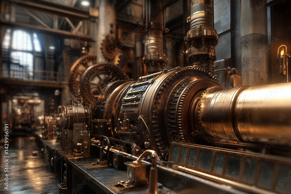 Steampunk version of a hydroelectric power plant, brass turbines and ...
