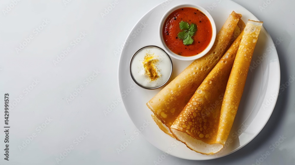 Top down view of thin crispy dosa served coconut chutney sambar white ...