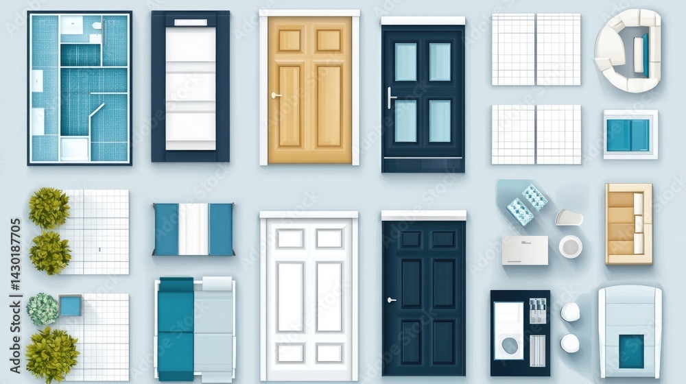 Set of doors for floor plan top view. Architectural kit of icons for ...