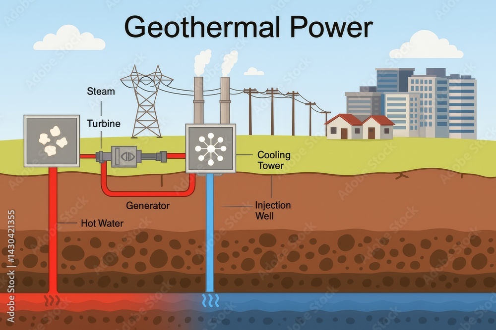Geothermal Power Plant: A diagram that showcases a geothermal power ...