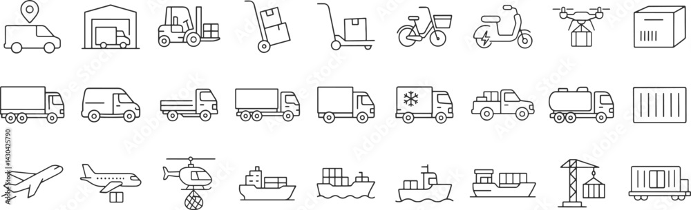 Commercial vehicles line icon set. Vector pictograms of container ...