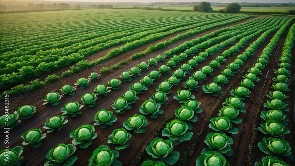 Aerial view of expansive cabbage farm with orderly rows of green ...