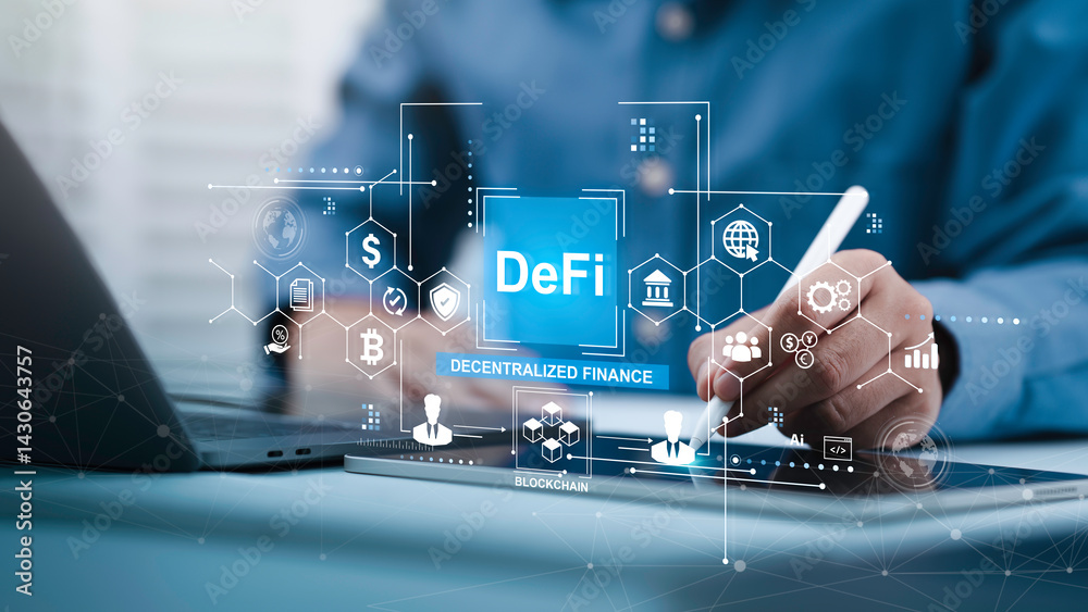 ภาพถ่าย Stock DeFi, Decentralized Finance Concept on blockchain ...