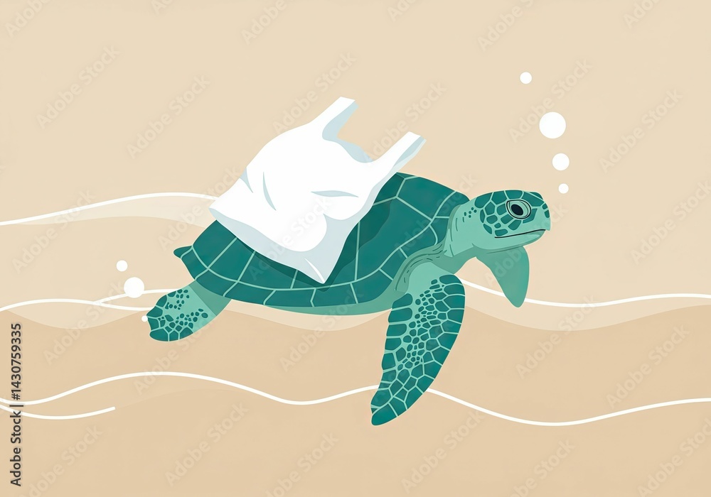 Sea turtle with a plastic bag on its back underwater in the ocean ...