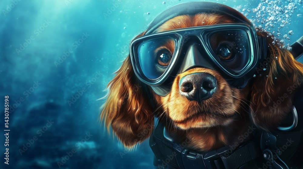 Cute dog wearing diving mask underwater, pet snorkeling for summertime ...