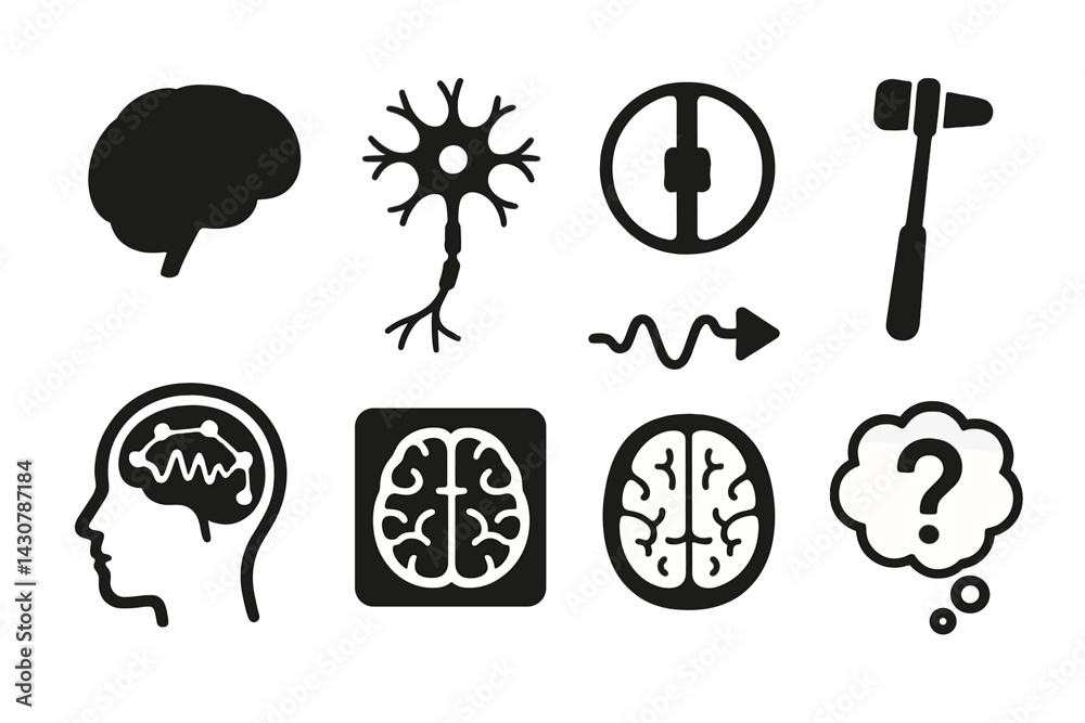 Brain and nerve symbols: brain, neuron, spinal cord, reflex hammer, EEG ...
