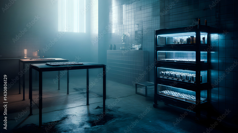 Mysterious laboratory scene featuring tables illuminated by bright blue ...