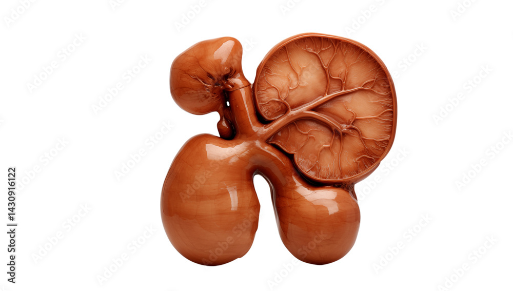 Anatomical model of kidneys and adrenal glands in brown color on a ...