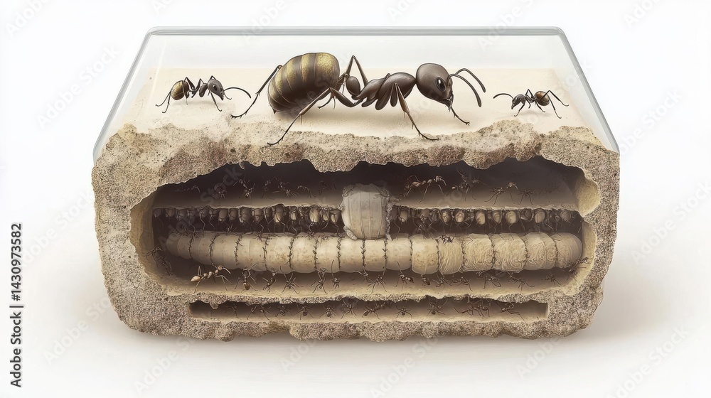 Close-up view of ants exploring a cross-section of a concrete block ...