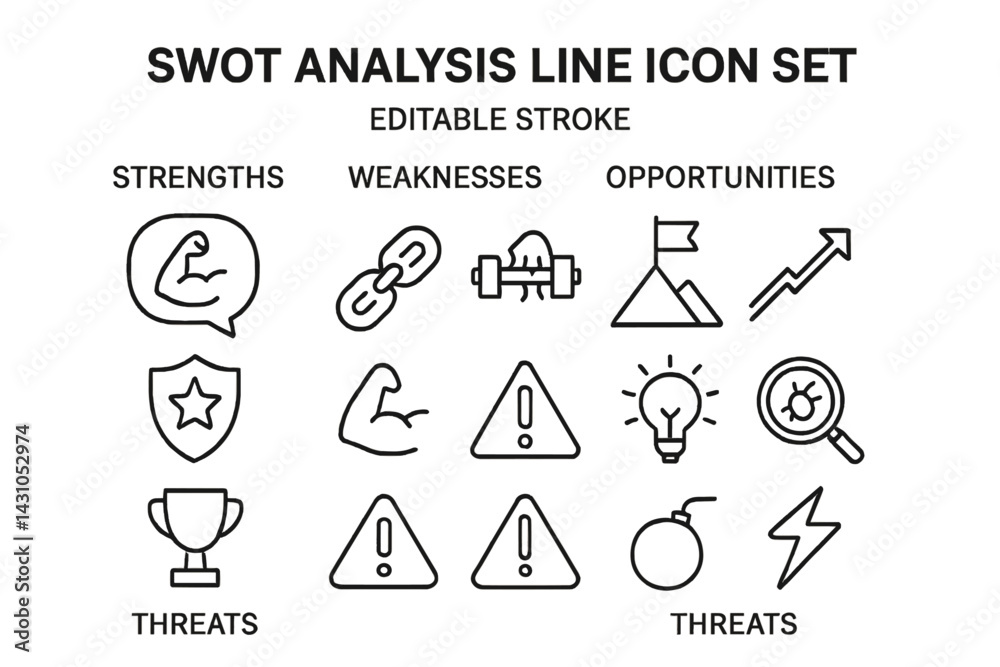 Vector icon set for SWOT analysis featuring strengths, weaknesses ...