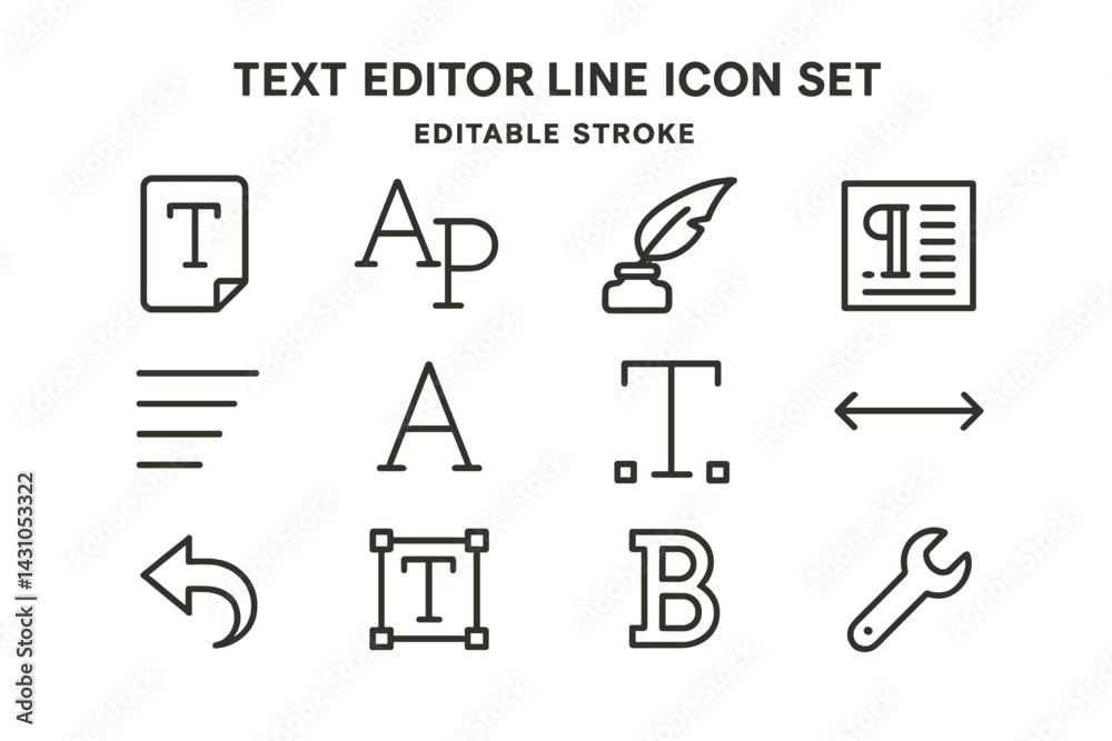Vector icon set representing common text editing tools for digital content creation and ...