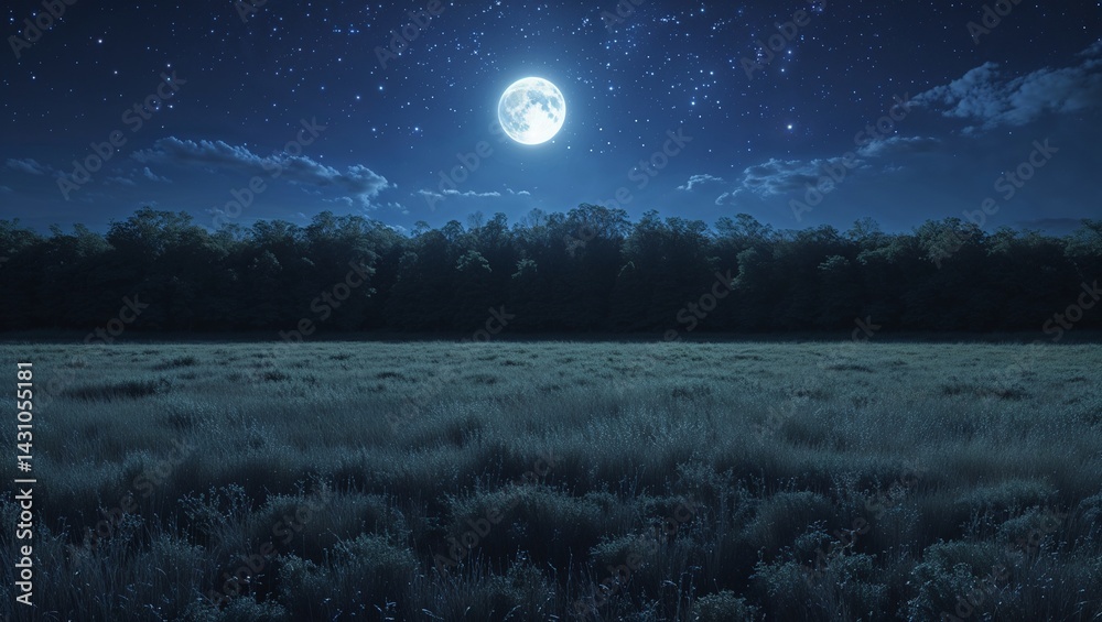 Open field under a full moon and starry sky at night with calm ...