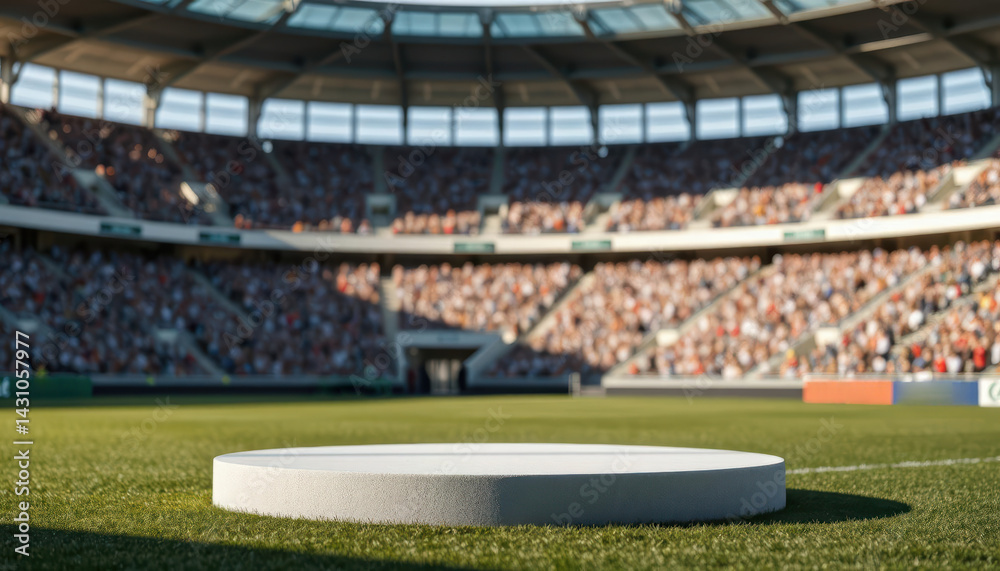 Empty sports podium on grass field with blurred cheering crowd in full ...