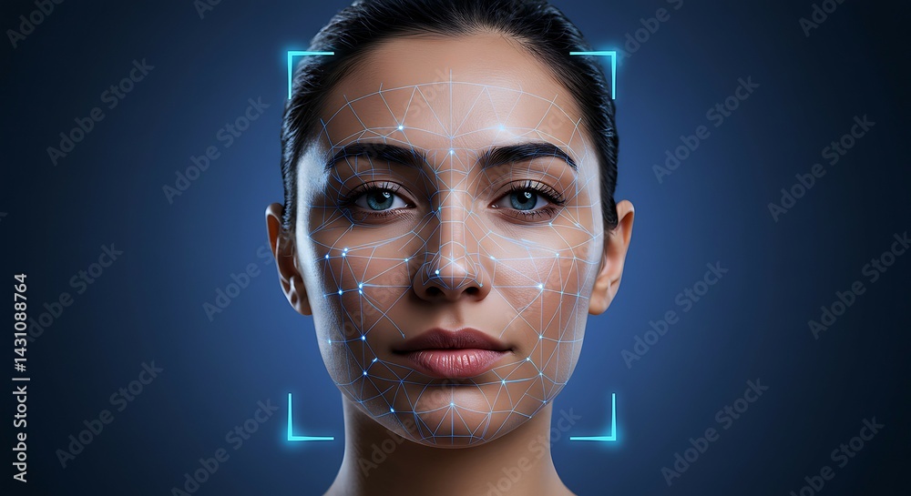 A woman's face is in the center of a futuristic facial recognition scan ...