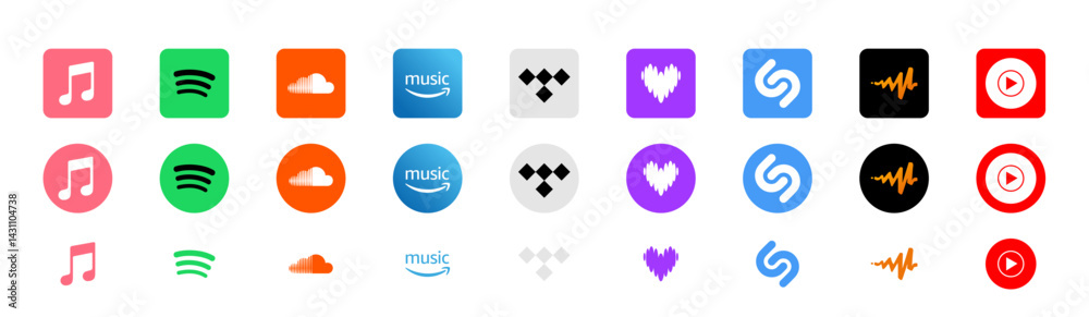 Apple Music, Spotify, YouTube Music, SoundCloud, Deezer, Tidal, Amazon Music PNG icon set in ...