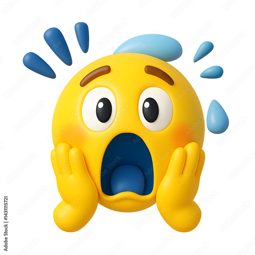3D screaming emoji with wide eyes and hands on cheeks, showing shock or ...