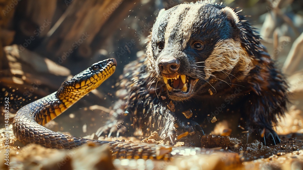 Fierce honey badger standing its ground against a venomous snake sharp ...
