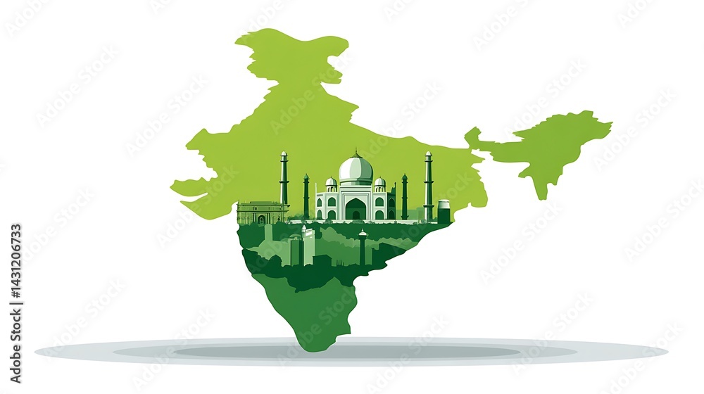 Artistic depiction of India map with Taj Mahal and iconic landmarks in ...