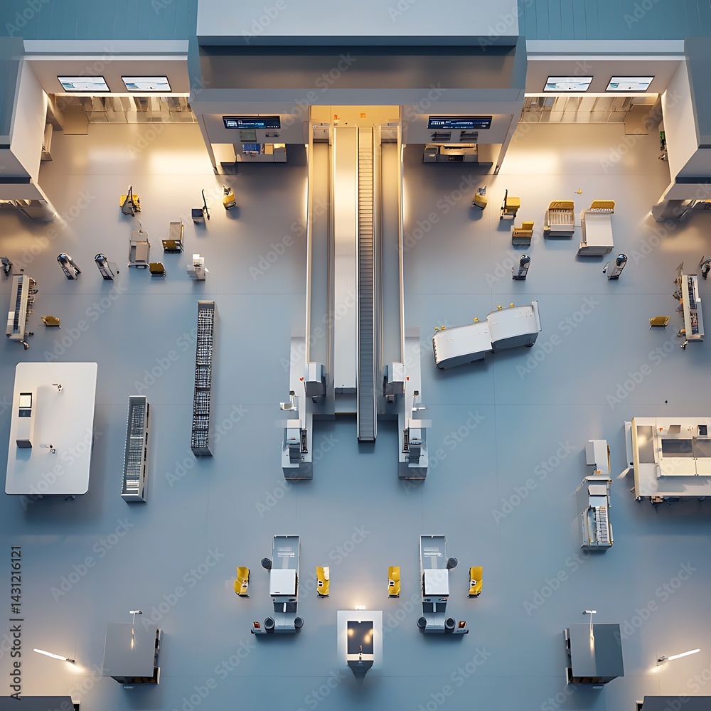 Top view of modern airport interior featuring check-in counters, kiosks ...