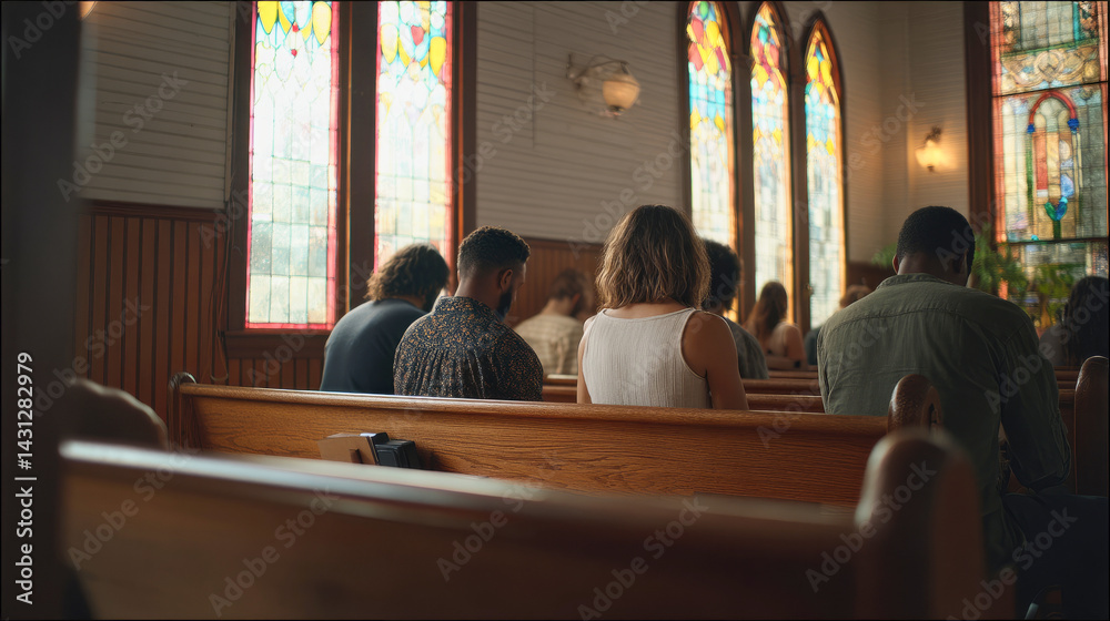 Christians praying in church benches under stained glass windows Stock ...
