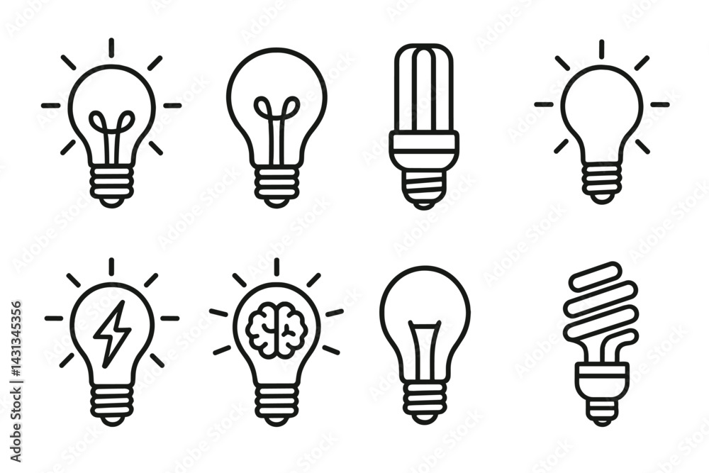 Icon set featuring different types of light bulbs and illuminating ...