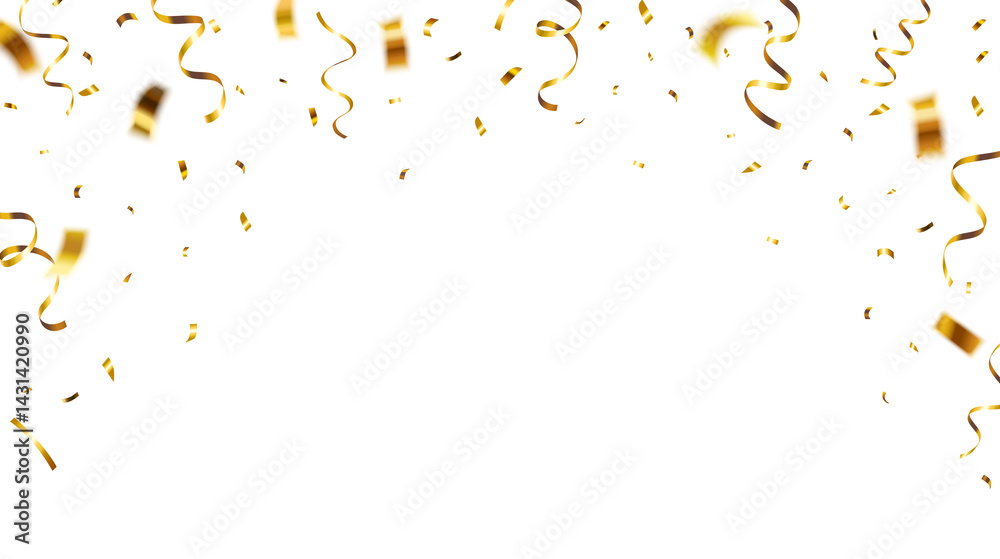 Falling gold shiny confetti and streamers with space in the middle ...