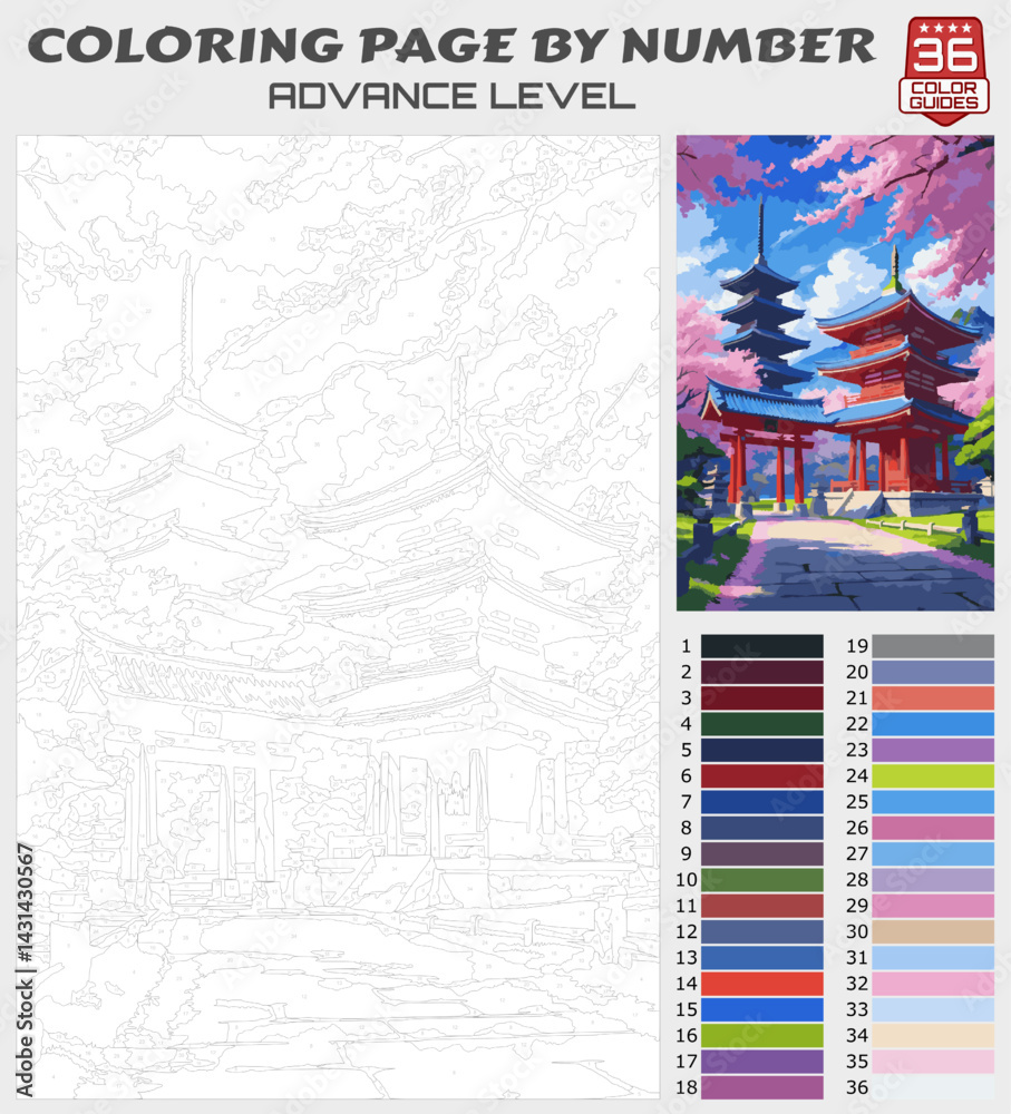 Color by Number Printable – Japanese Pagoda with Cherry Blossoms ...