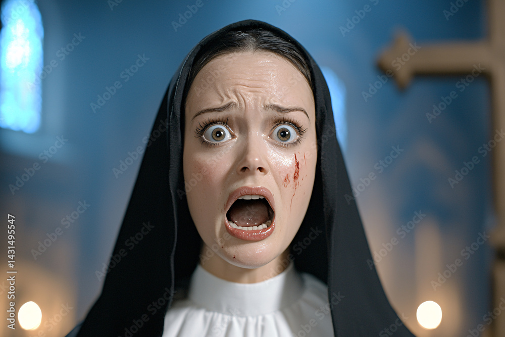 Terrified Nun in Distress with Open Mouth Scream and Face Wound in a ...