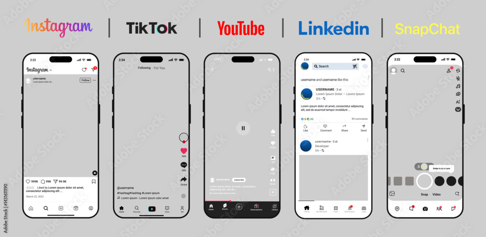 Instagram, YouTube, TikTok, Snapchat, LinkedIn UI mockup 2025 ...